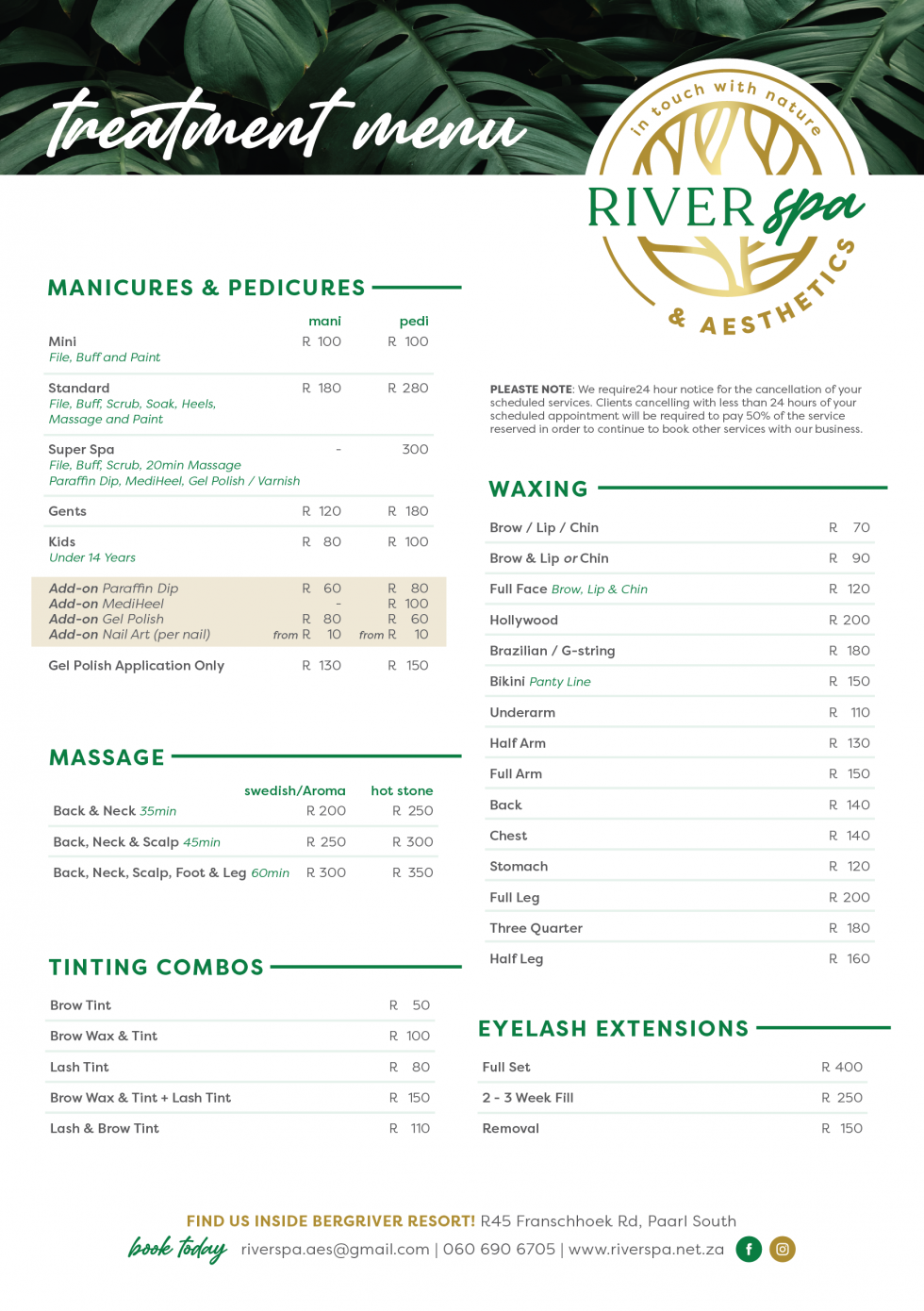 Prices - River Spa Paarl